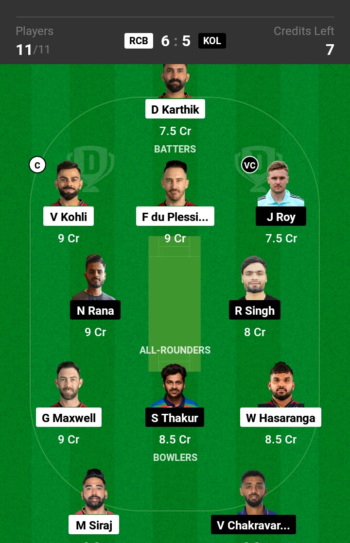 RCB vs KKR Dream11 Prediction in Hindi, ये टीम जीत सकती है लाखों रुपए,संभावित टीम, पिच रिपोर्ट ...